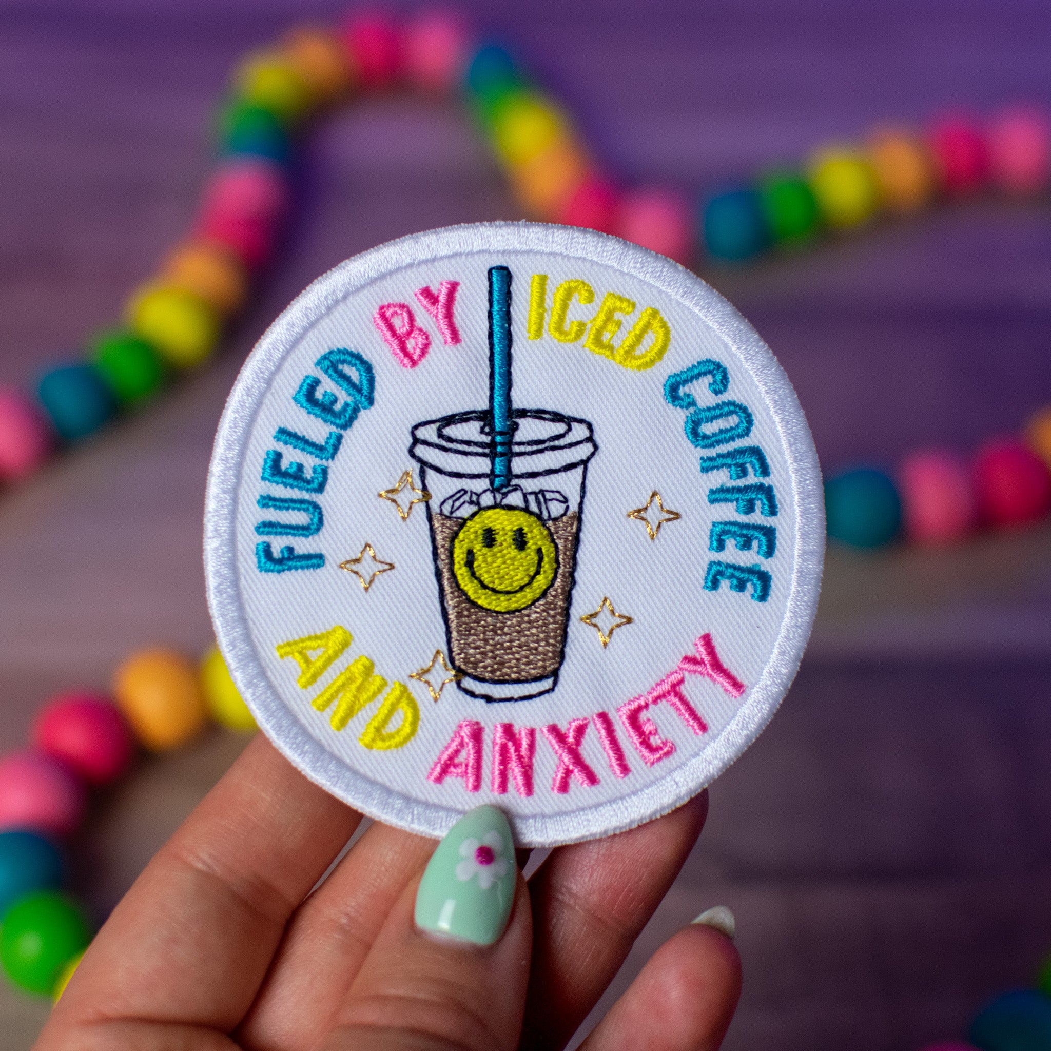 Fueled by Iced Coffee + Anxiety Iron On Patch – Designs by Drea